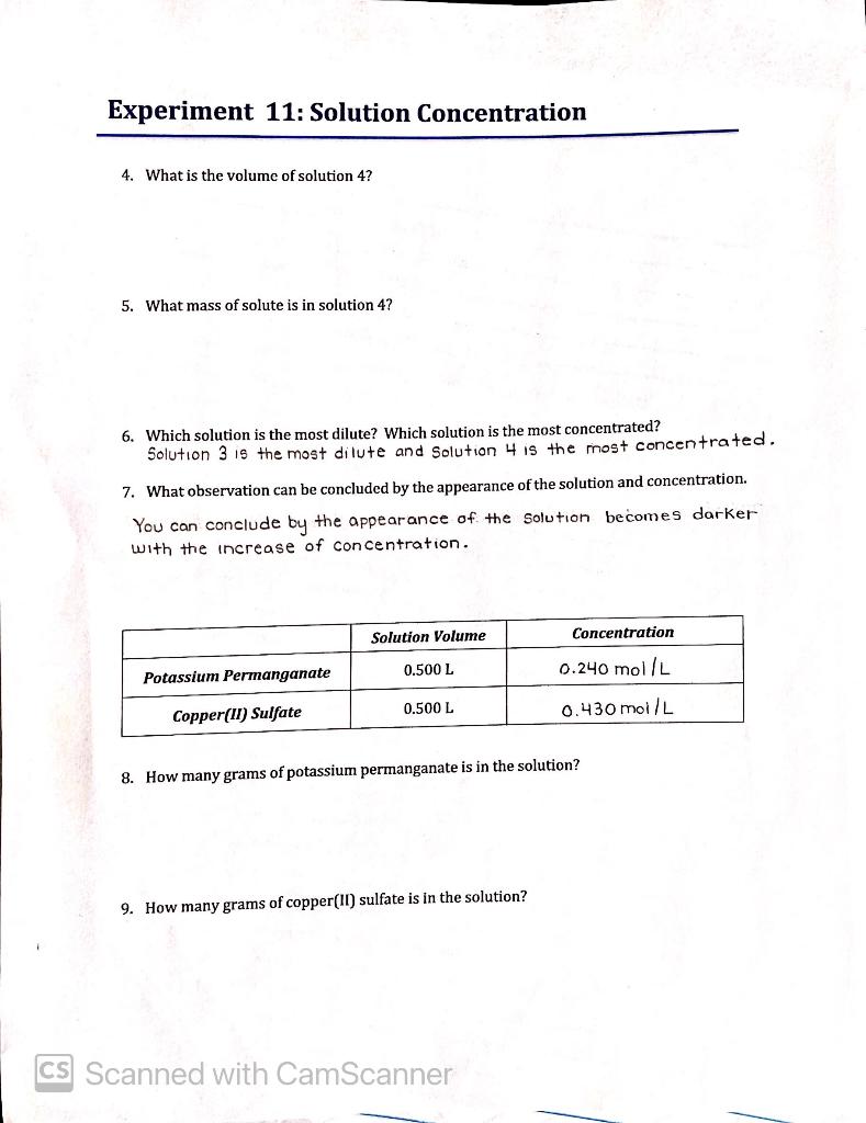 Solved Experiment 11: Solution Concentration NAME: Section: | Chegg.com