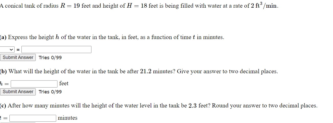 Solved A conical tank of radius R=19 ﻿feet and height of | Chegg.com