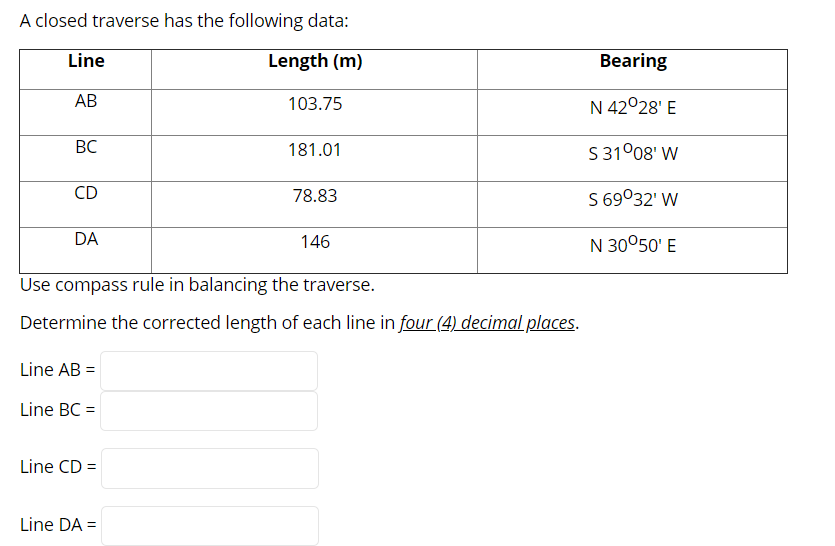 Solved A closed traverse has the following data: Line Length | Chegg.com