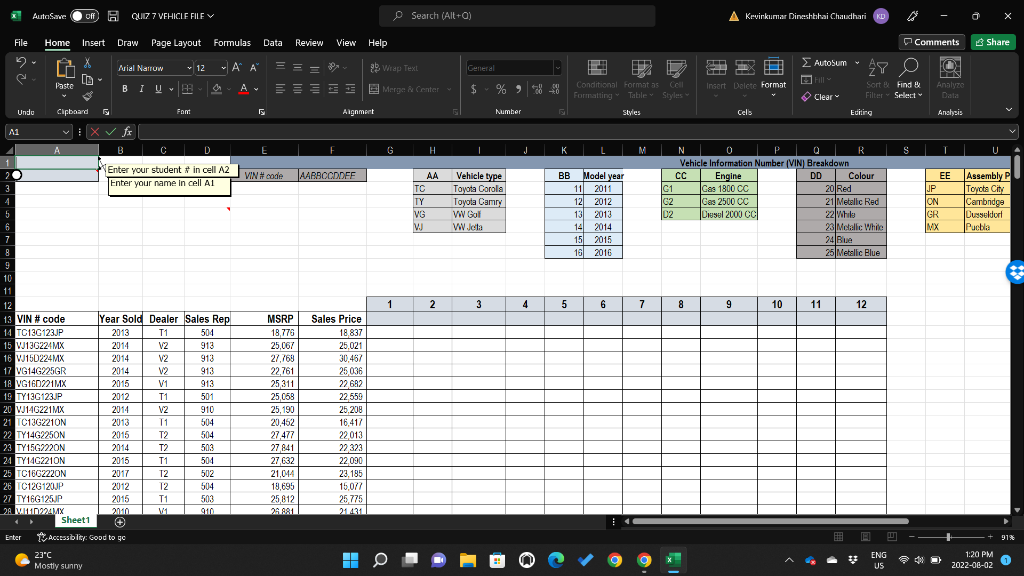 Solved In G14: Use the VIN # code breakdown provided at the | Chegg.com