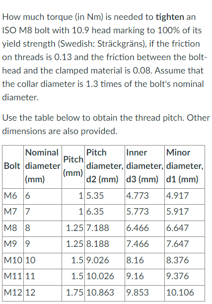 Solved How much torque (in Nm ) is needed to tighten an ISO | Chegg.com