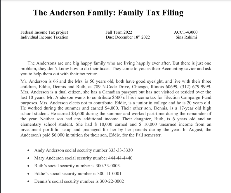 The Anderson Family: Family Tax Filing Federal Income | Chegg.com