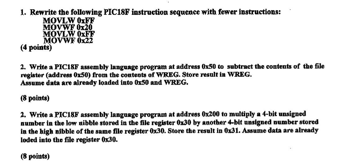 1 Rewrite The Following Pic18f Instruction Sequence 