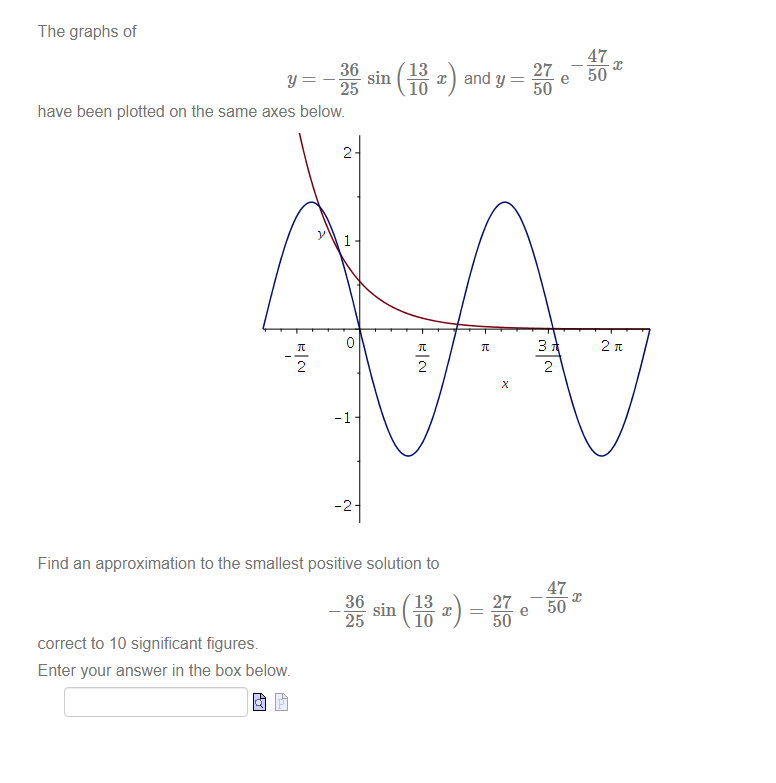 Solved The graphs of y=−2536sin(1013x) and y=5027e−5047x | Chegg.com