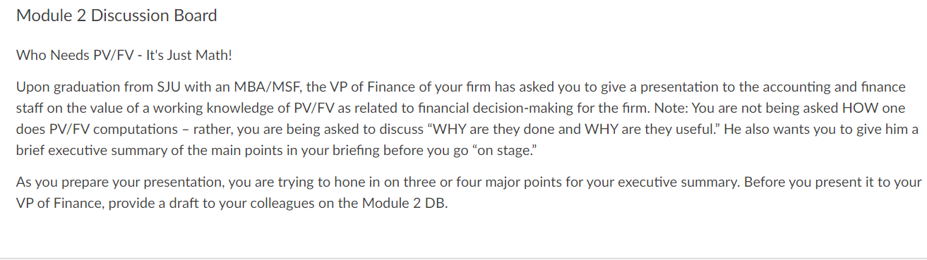 Solved Module 2 ﻿Discussion BoardWho Needs PV/FV - ﻿It's | Chegg.com
