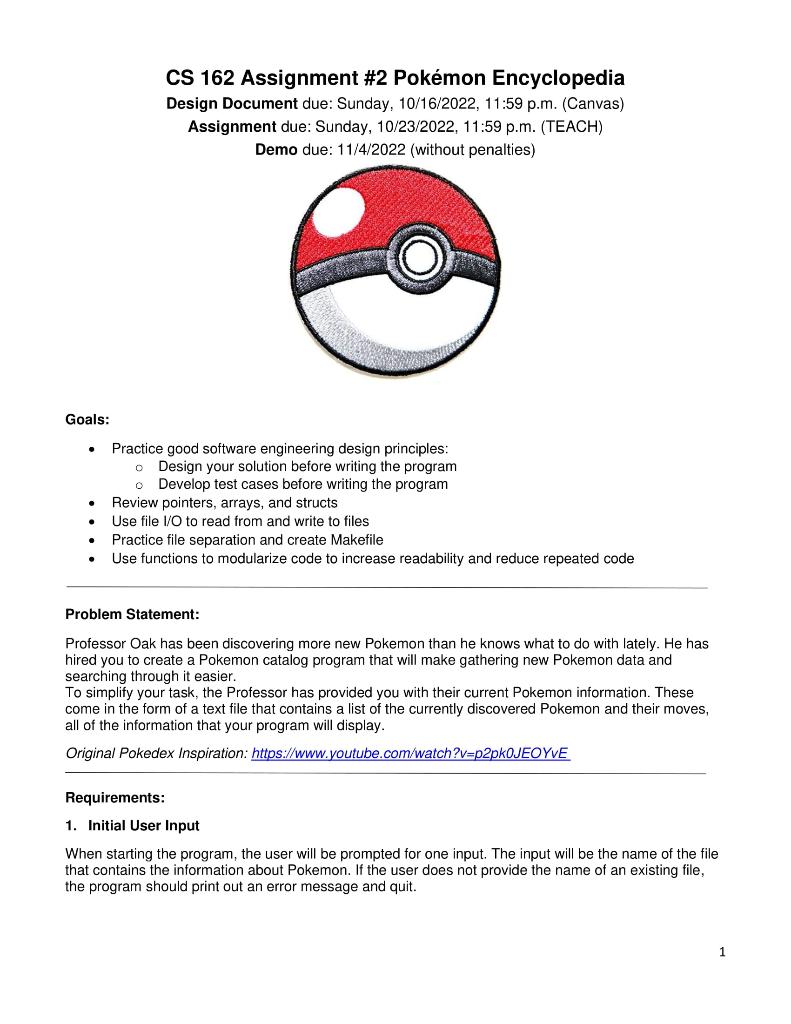 Cs 162 Assignment 2 Pokémon Encyclopedia Design 