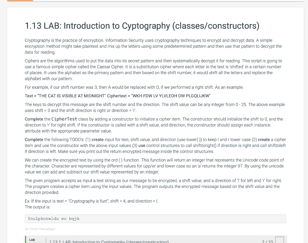 Solved 1.13 LAB: Introduction to Cyptography | Chegg.com