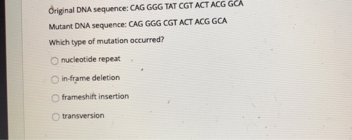 Solved Original DNA sequence: CAG GGG TAT CGT ACT ACG GCA | Chegg.com