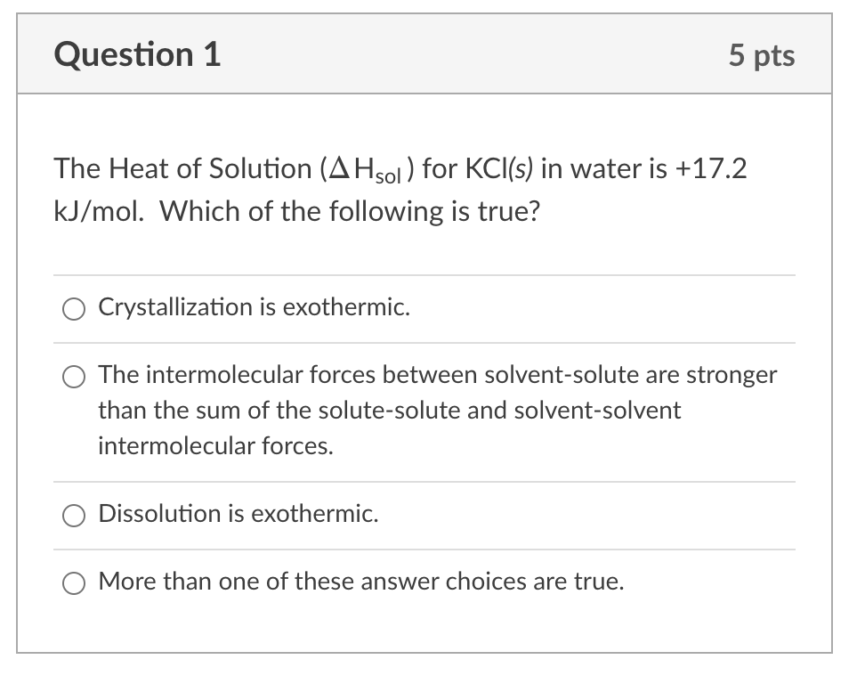 Solved The Heat of Solution (ΔHsol ) for KCl(s) in water is | Chegg.com