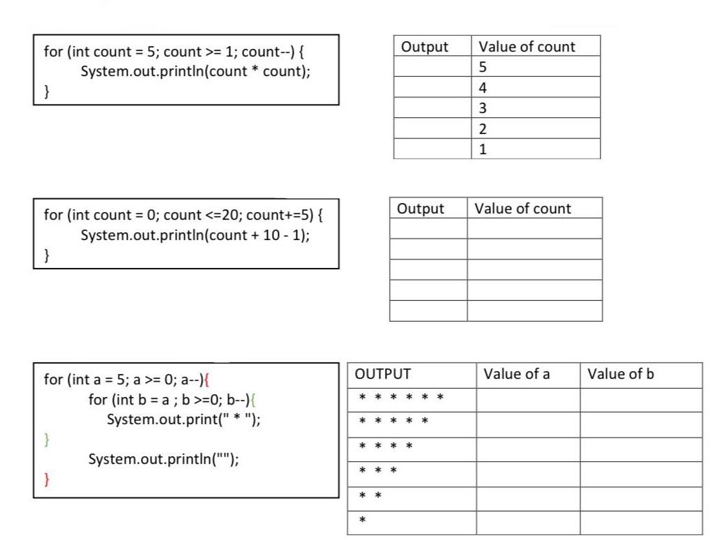 Solved \begin{tabular}{l} for (int count =5; count >=1; | Chegg.com