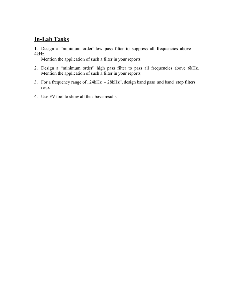 Solved In Lab Tasks 1 Design A Minimum Order Low Pass