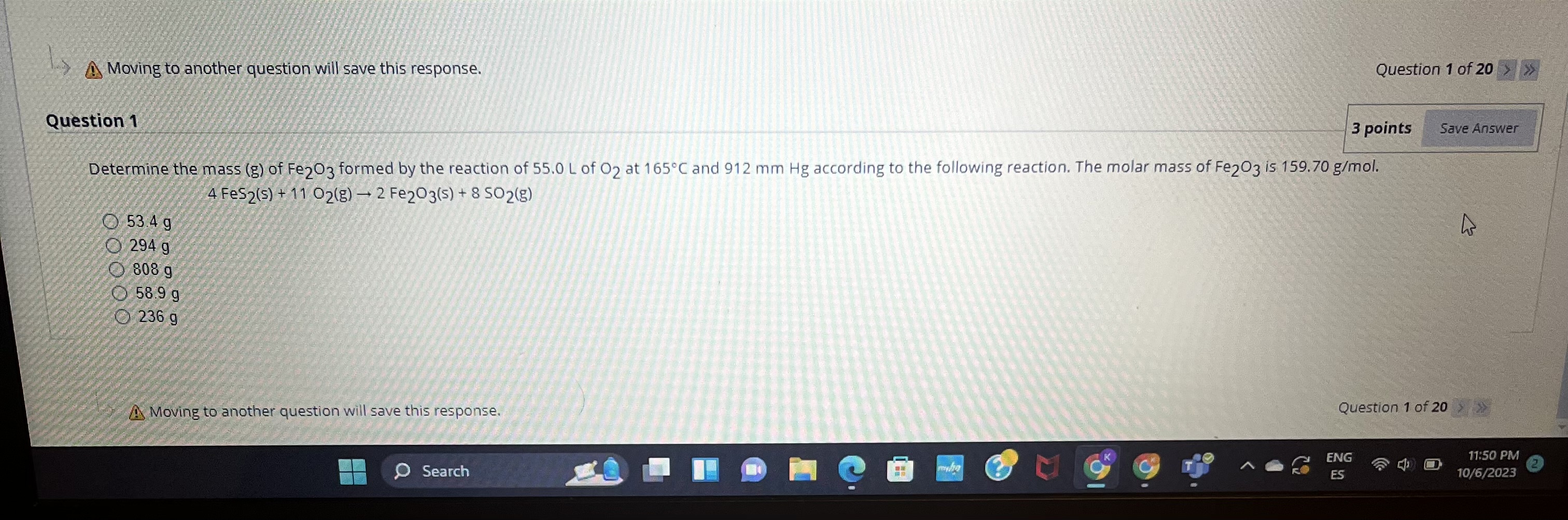 Solved Determine The Mass G Of Fe2o3 Formed By The