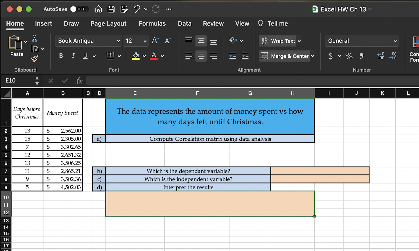 Solved AutoSave OFF bro Excel HW Ch 13 Home Insert Draw Page | Chegg.com