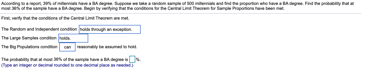 Solved According to a report, 39% of millennials have a BA | Chegg.com