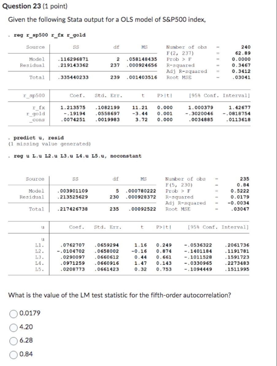 Solved Question 23 (1 point)Given the following Stata | Chegg.com Solved Question 23 (1 point)Given the following Stata | Chegg.com