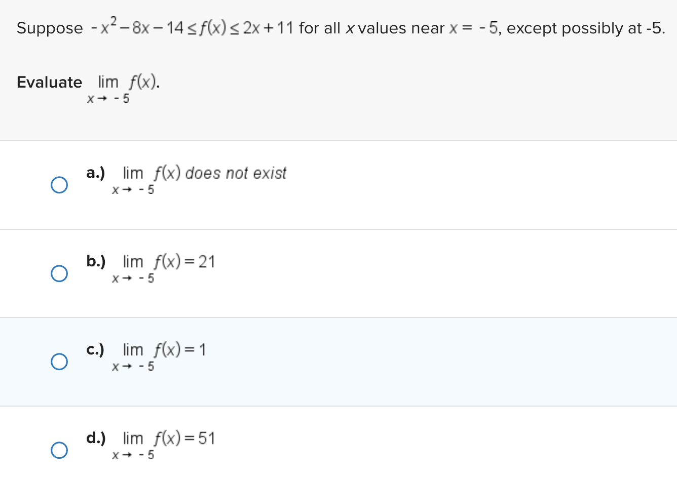 Solved Suppose -x2-8x-14≤f(x)≤2x+11 ﻿for all x ﻿values near | Chegg.com