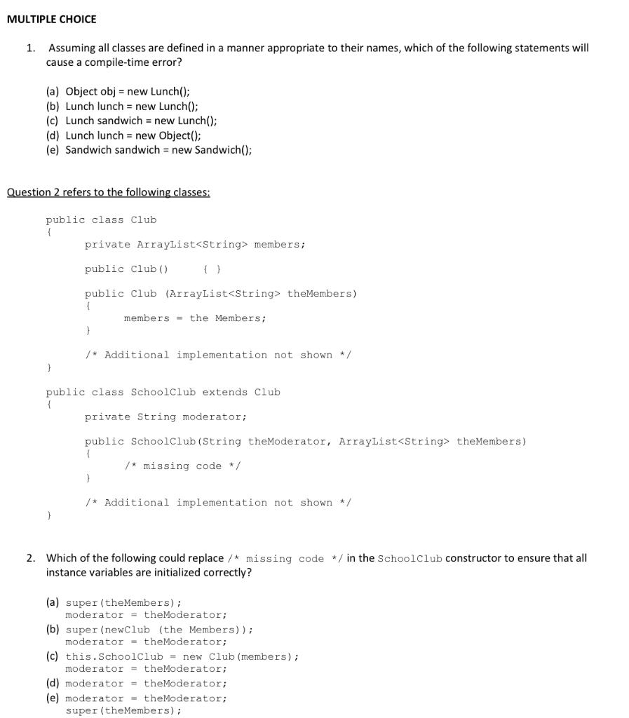 Solved MULTIPLE CHOICE 1. Assuming all classes are defined | Chegg.com