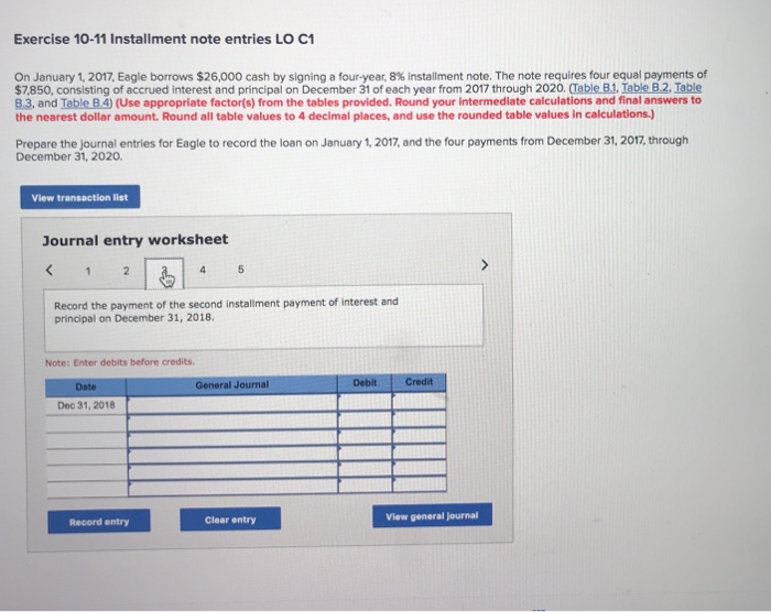Solved Exercise 10-11 Installment note entries LO C1 on | Chegg.com