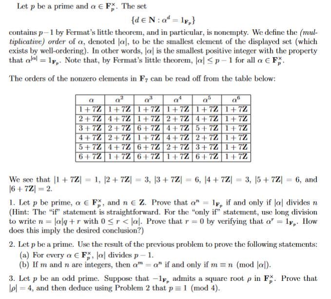 Solved Let p be a prime and a € FX. The set {deN: a = 1F,} | Chegg.com