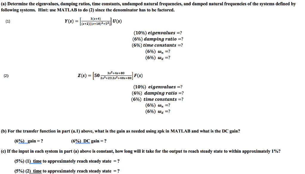 (a) Determine the eigenvalues, damping ratios, time | Chegg.com