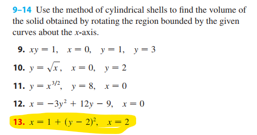 Solved 9-14 Use the method of cylindrical shells to find the | Chegg.com