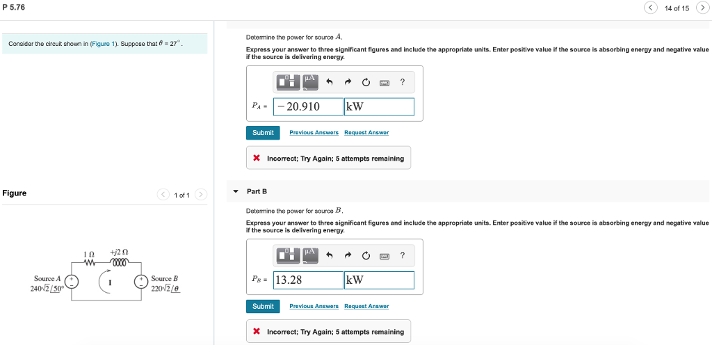 Solved P 5.76 14 of 15> Determine the power for source A | Chegg.com