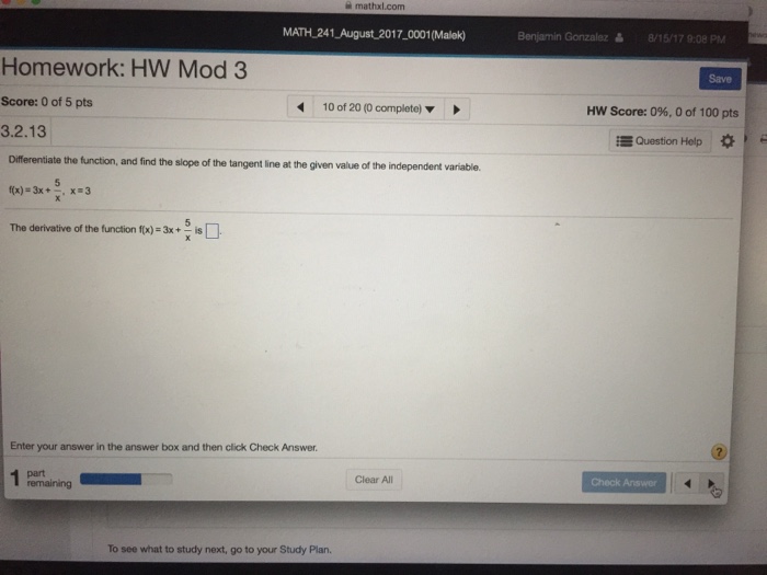 Solved thxl.com MATH 241 August 2017 0001(Malek) Benjamin | Chegg.com
