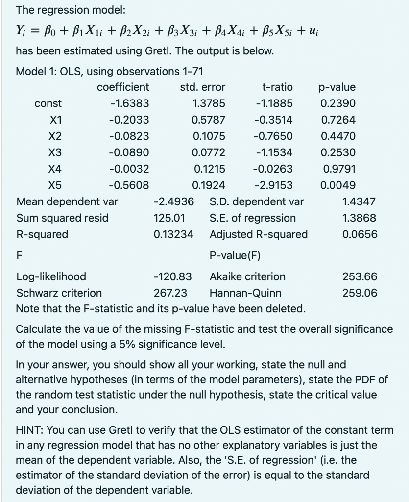 Solved The regression model: | Chegg.com