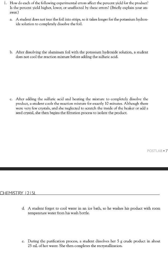 Solved 1. How do each of the following experimental errors | Chegg.com