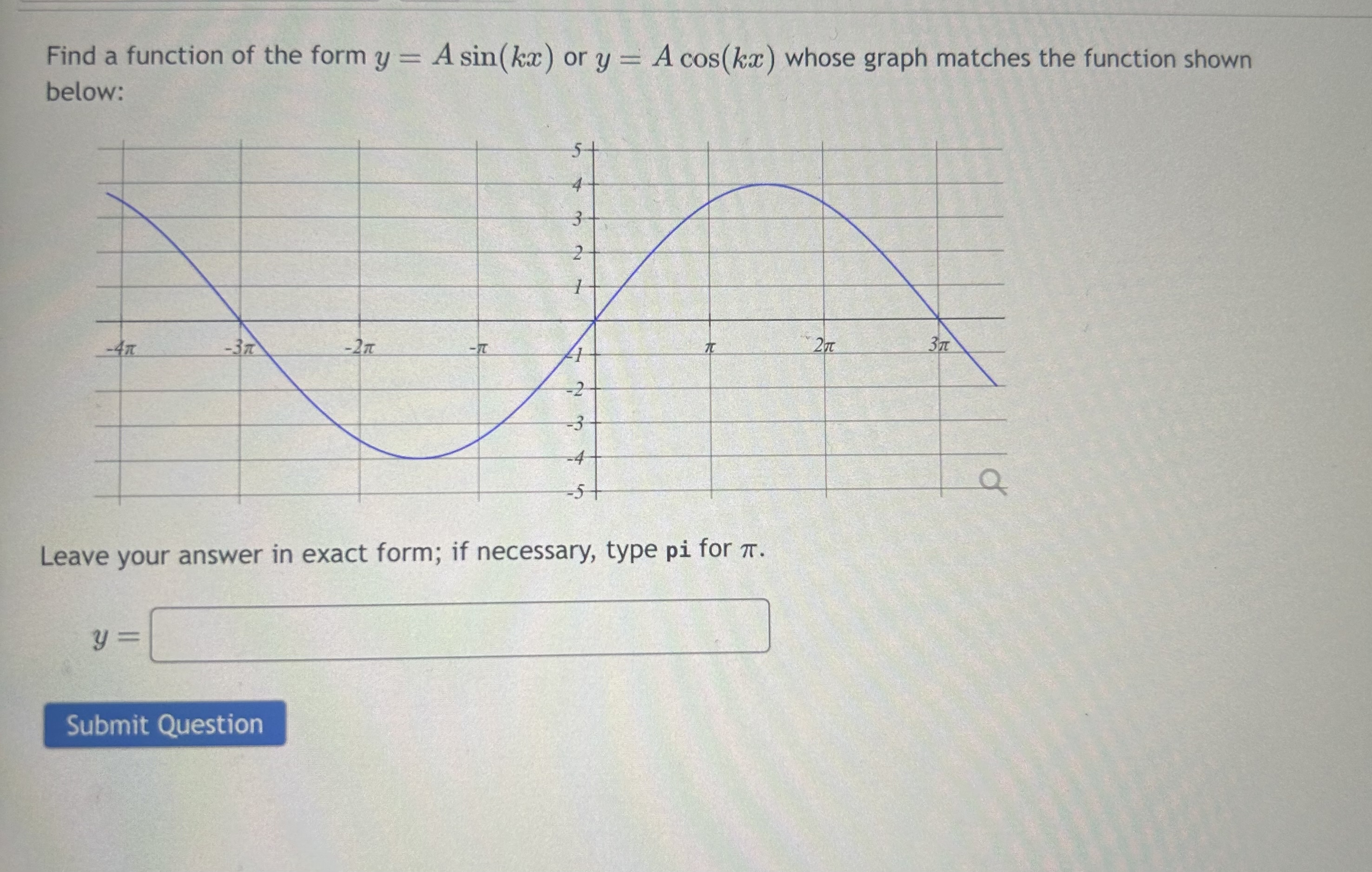 Solved Find a function of the form y=Asin(kx) ﻿or y=Acos(kx) | Chegg.com