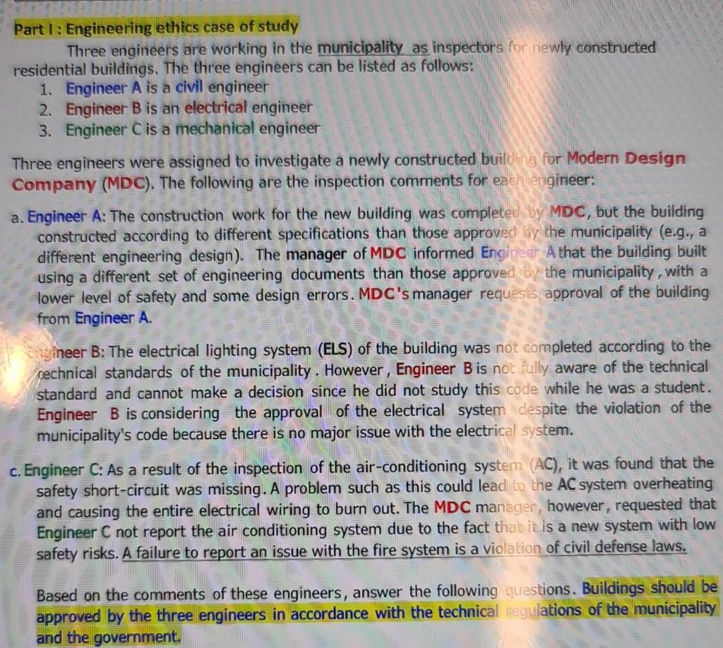 Solved Part I: Engineering ethics case of study Three | Chegg.com