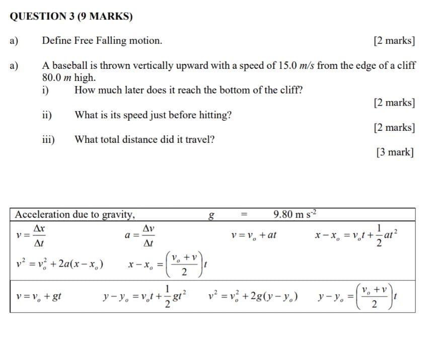 Solved QUESTION 3 (9 MARKS) a) Define Free Falling motion. | Chegg.com Solved QUESTION 3 (9 MARKS) a) Define Free Falling motion. | Chegg.com