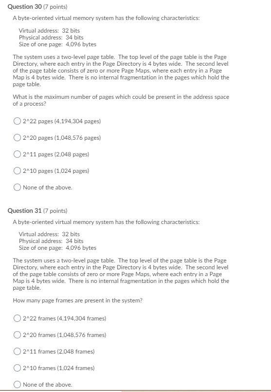 Solved Question 30 (7 points) A byte-oriented virtual memory | Chegg.com
