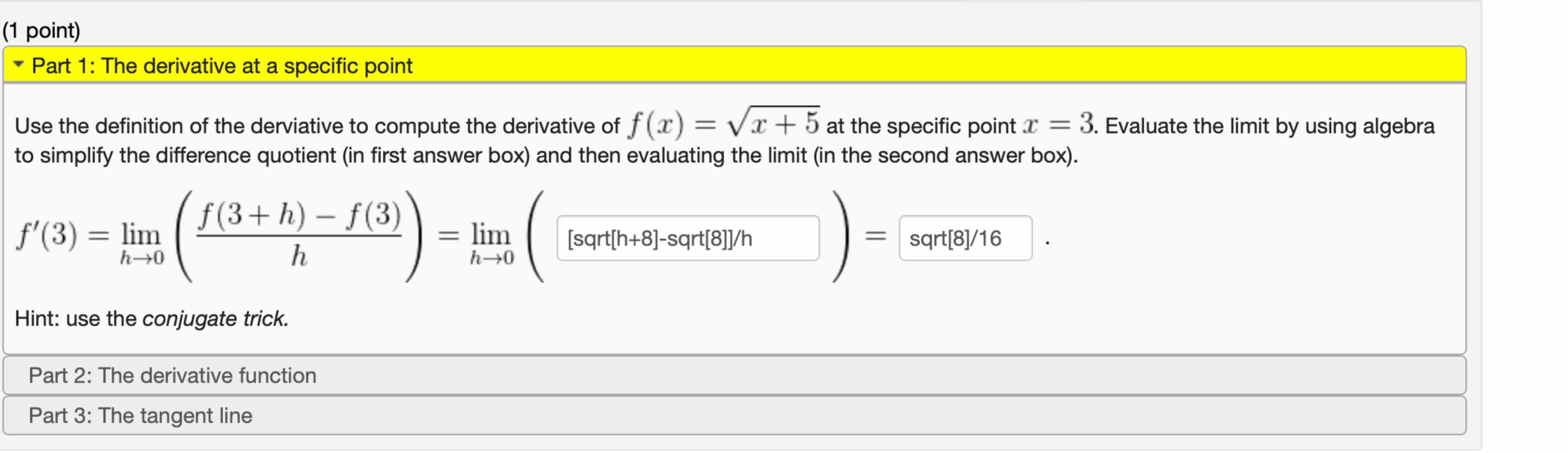 Solved Part 1: The derivative at a specific pointUse the | Chegg.com