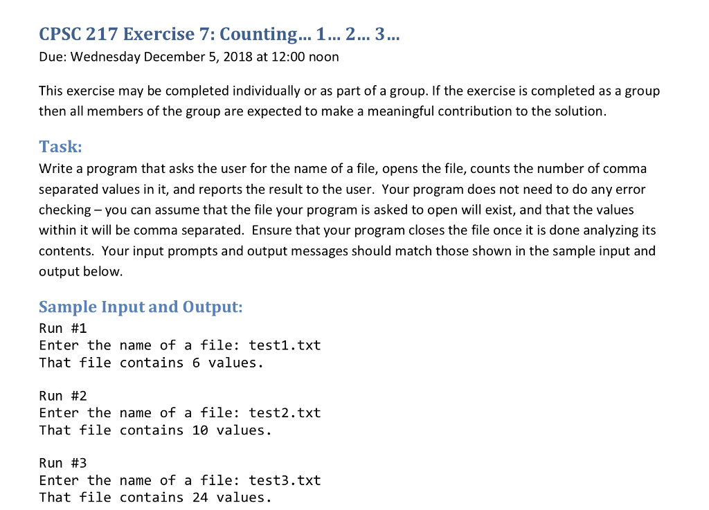 Solved CPSC 217 Exercise 7: Counting... 1... 2...3. Due: | Chegg.com