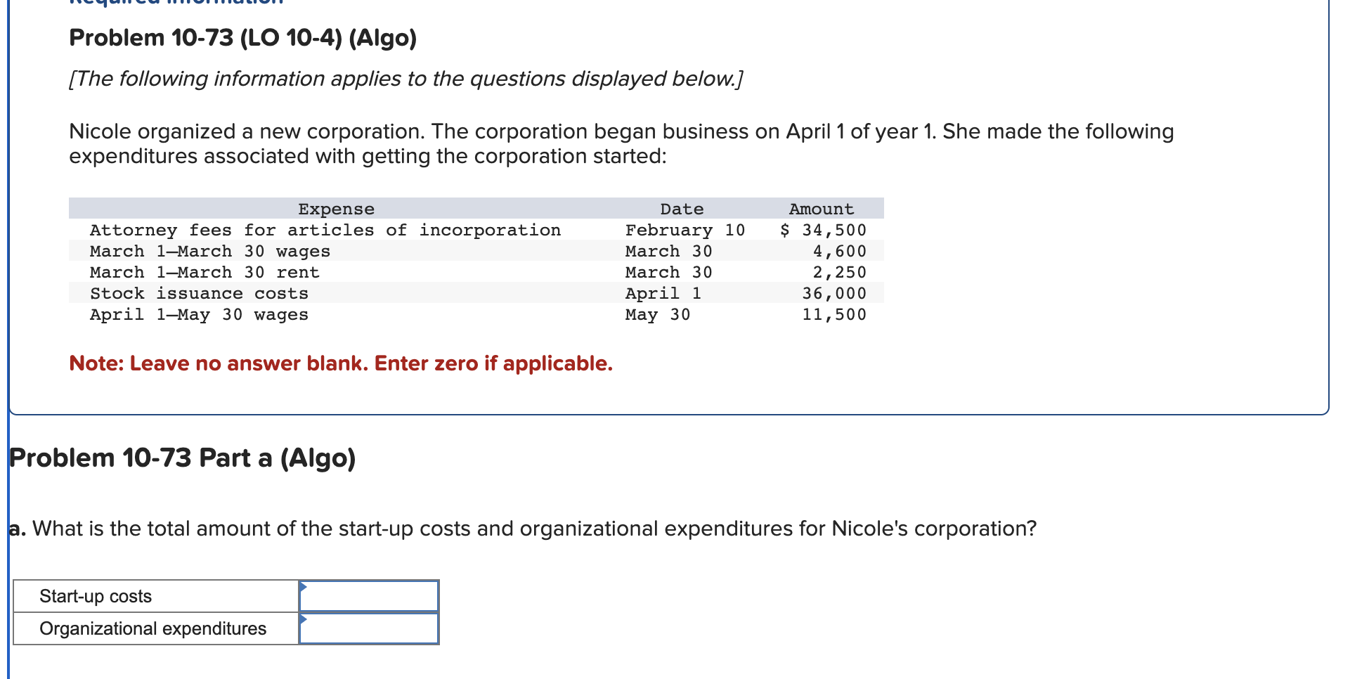 Solved Problem 10-73 (LO 10-4) (Algo) [The following | Chegg.com