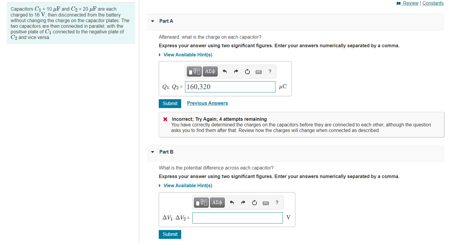 Solved m Review Constants Part A Capacitors C1 = 10 uF and | Chegg.com