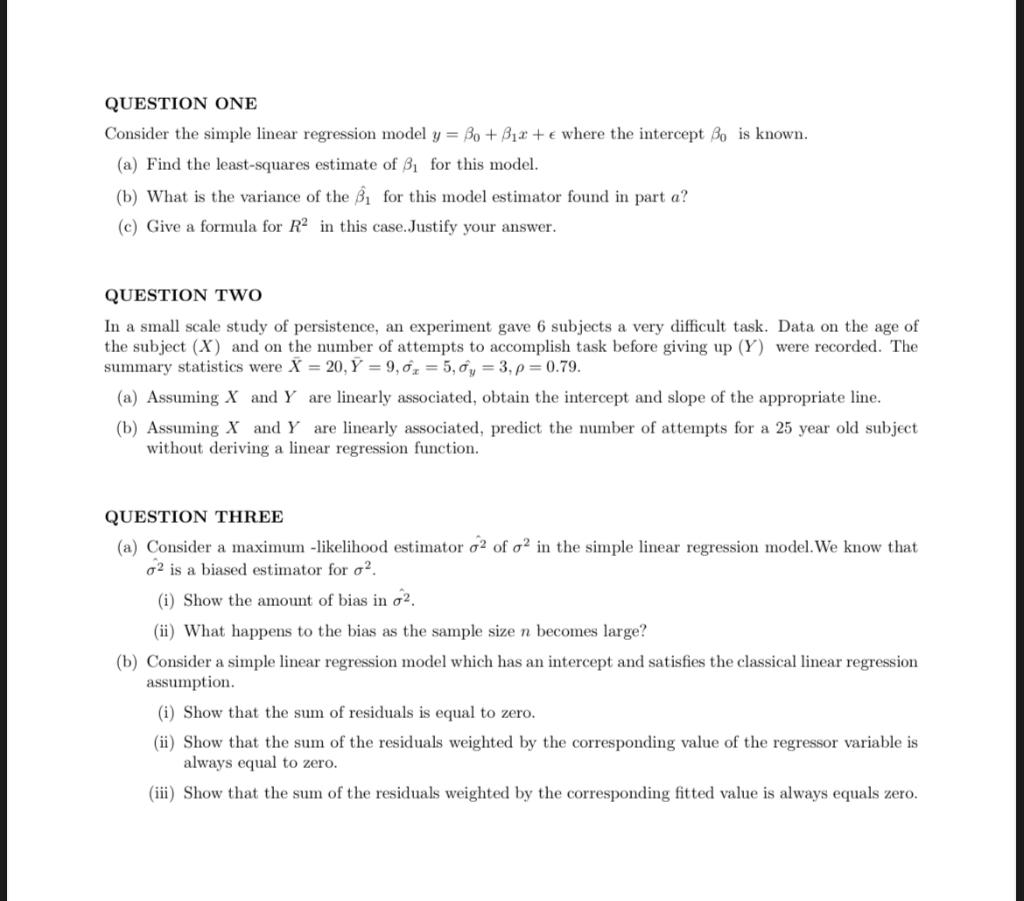 Solved QUESTION ONE Consider the simple linear regression | Chegg.com