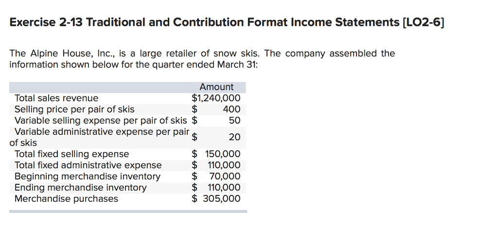 Solved Exercise 2-13 Traditional and Contribution Format | Chegg.com