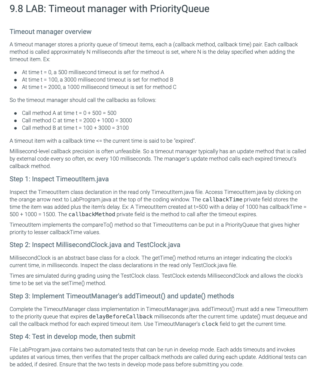 Solved 9.8 LAB: Timeout manager with PriorityQueue Timeout | Chegg.com