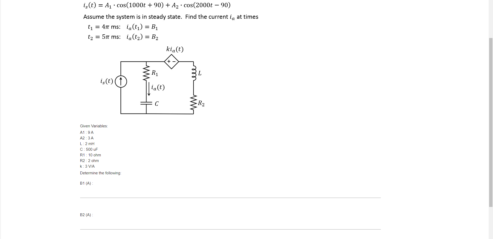 Solved is(t) = Az · cos(1000t +90) + A2 · cos(2000t – 90) | Chegg.com