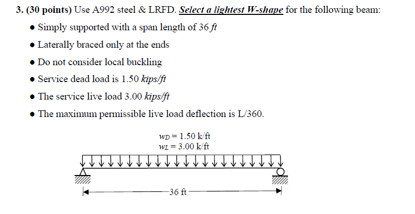 Solved 3. (30 points) Use A992 steel & LRFD. Select a | Chegg.com