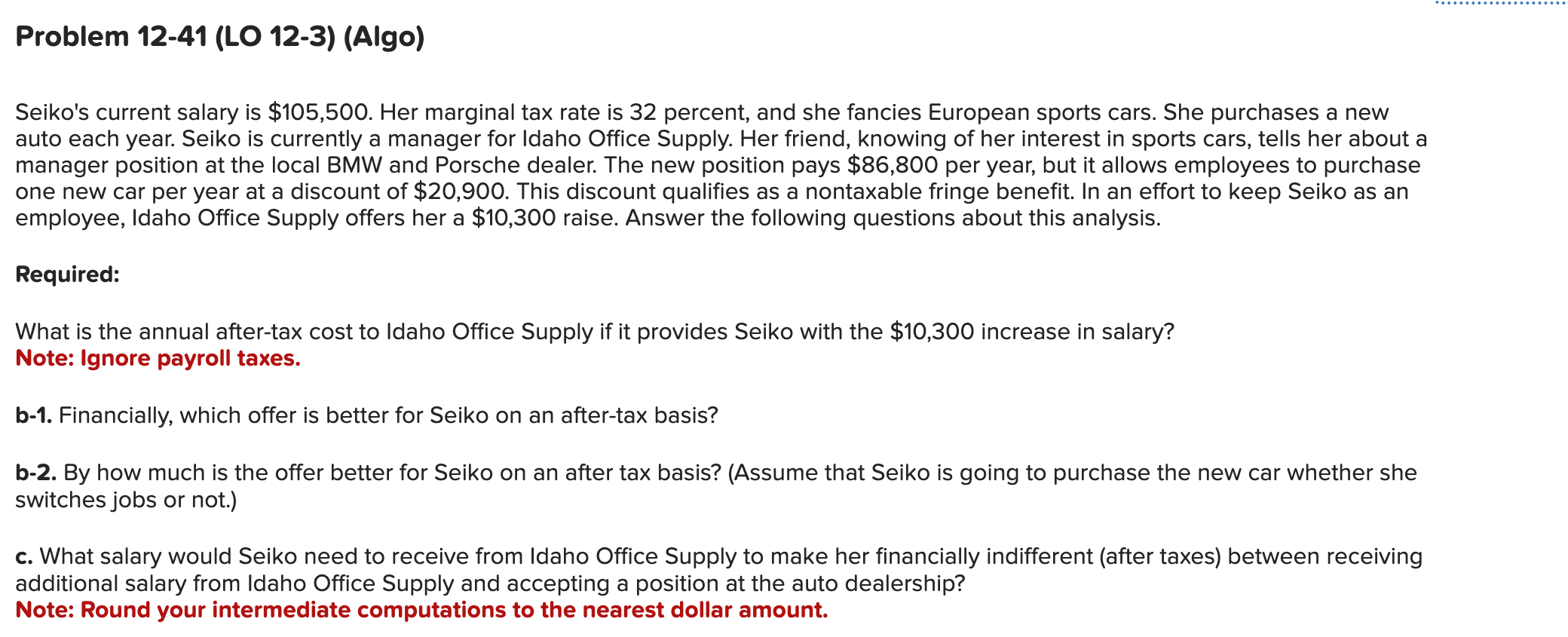 Solved Problem 12-41 (L0 12-3) (Algo) Seiko's current salary | Chegg.com Solved Problem 12-41 (L0 12-3) (Algo) Seiko's current salary | Chegg.com