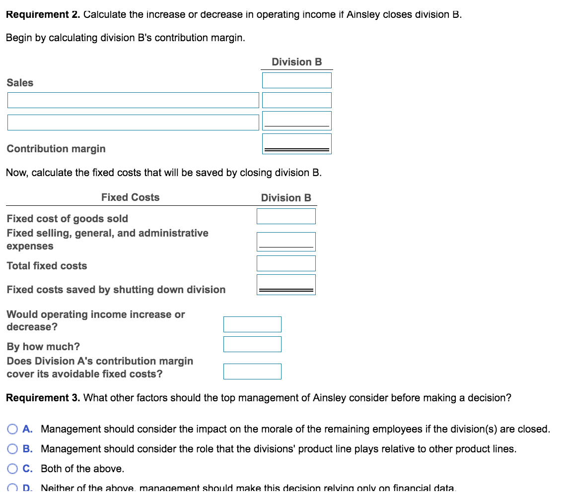 Ainsley Corporation has four operating divisions. The | Chegg.com
