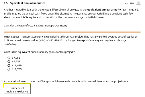 Solved 16. Equivalent annual annuities Aa Aa Another method | Chegg.com