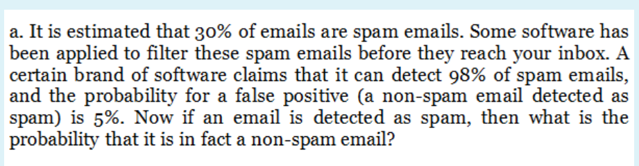Solved a. It is estimated that 30% of emails are spam | Chegg.com