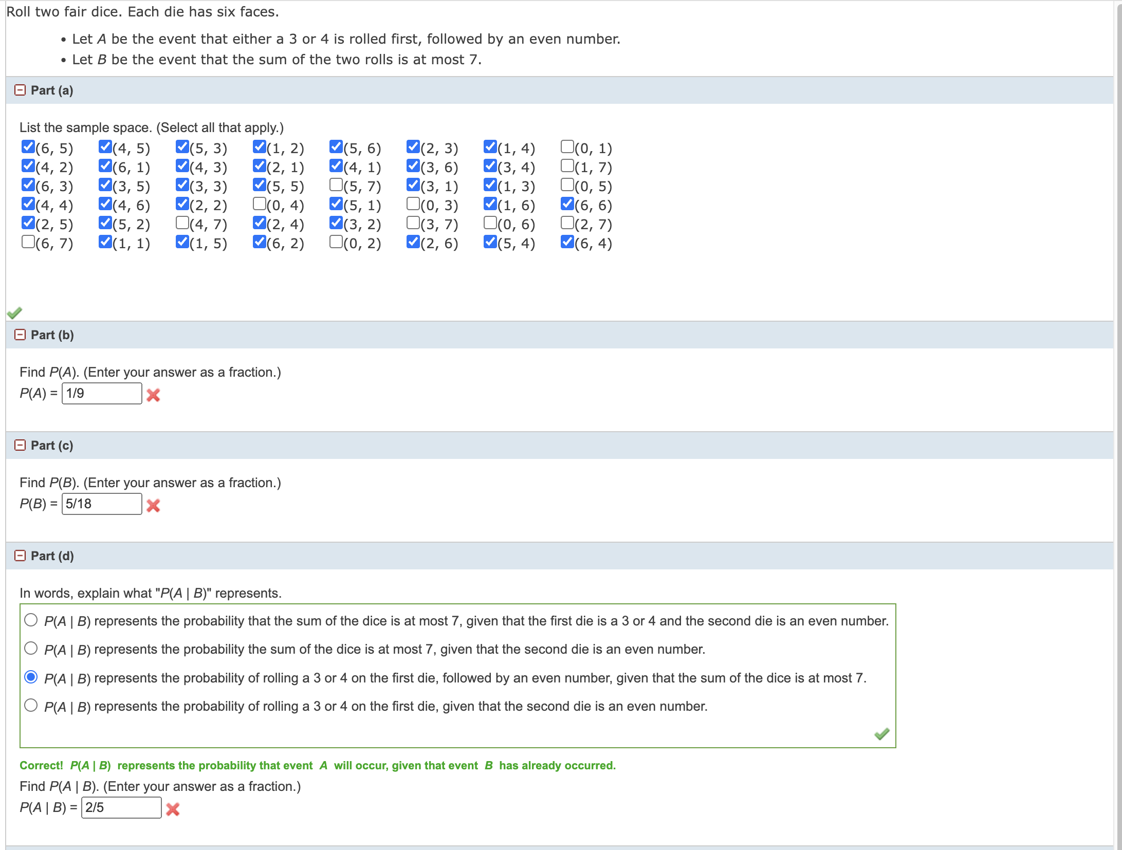 Solved Roll two fair dice. Each die has six faces. - Let A | Chegg.com