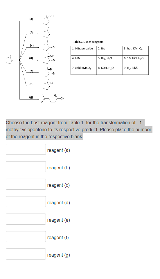 Solved OH (a) (b) (c) Table1. List of reagents 1. HBr, | Chegg.com