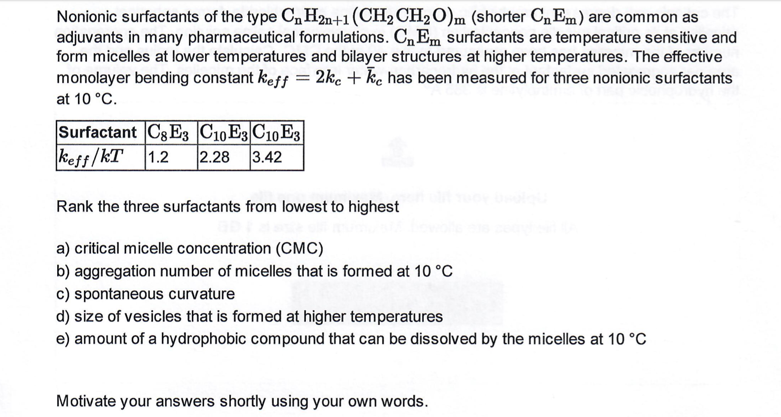 Nonionic surfactants of the type C, H2n+1 (CH2CH2O)m | Chegg.com