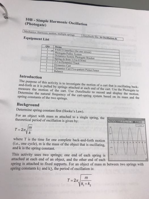 Solved 10B Simple Harmonic Oscillation (Photogate) Mechanics | Chegg.com